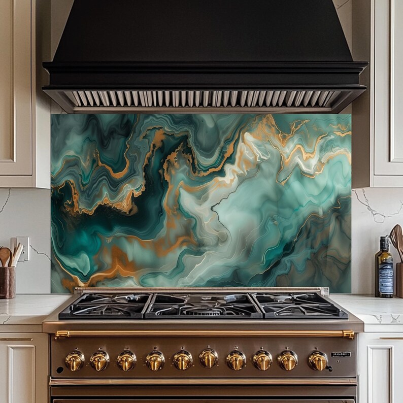 Teal and Gold Marble Glass Backsplash, Tempered Glass Kitchen ...