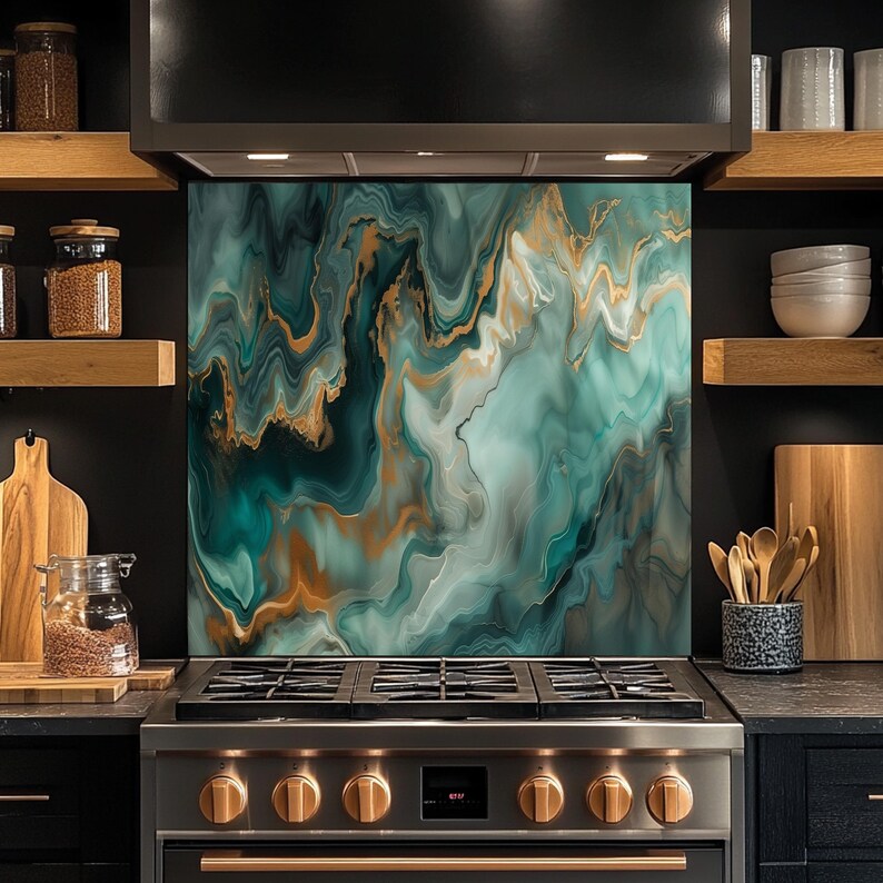 Teal and Gold Marble Glass Backsplash, Tempered Glass Kitchen ...