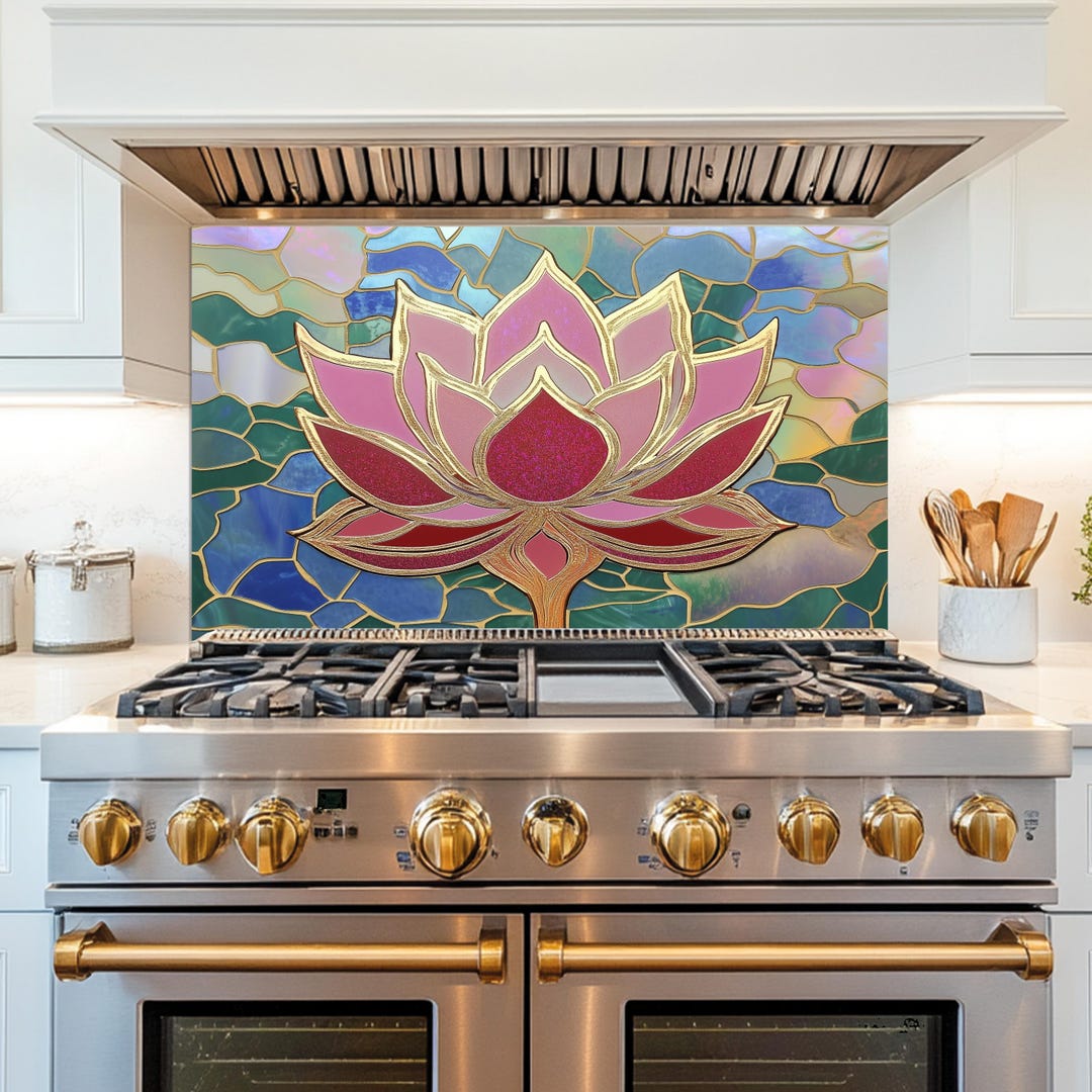 Lotus Blossom Tempered Glass Backsplash, Kitchen Wall Protector ...