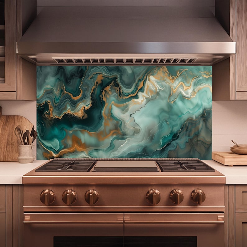 Teal and Gold Marble Glass Backsplash, Tempered Glass Kitchen ...