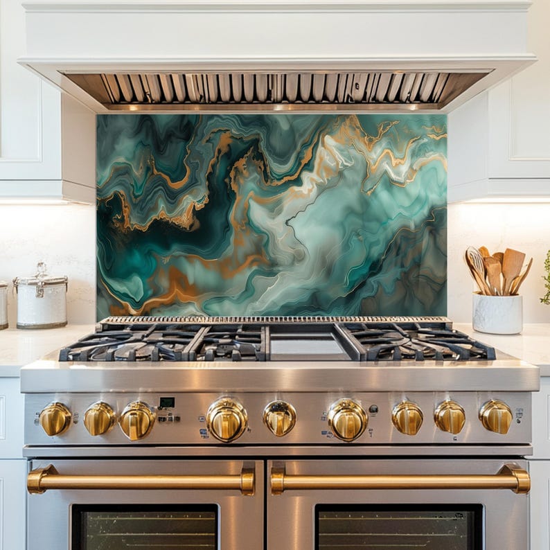 Teal and Gold Marble Glass Backsplash, Tempered Glass Kitchen ...
