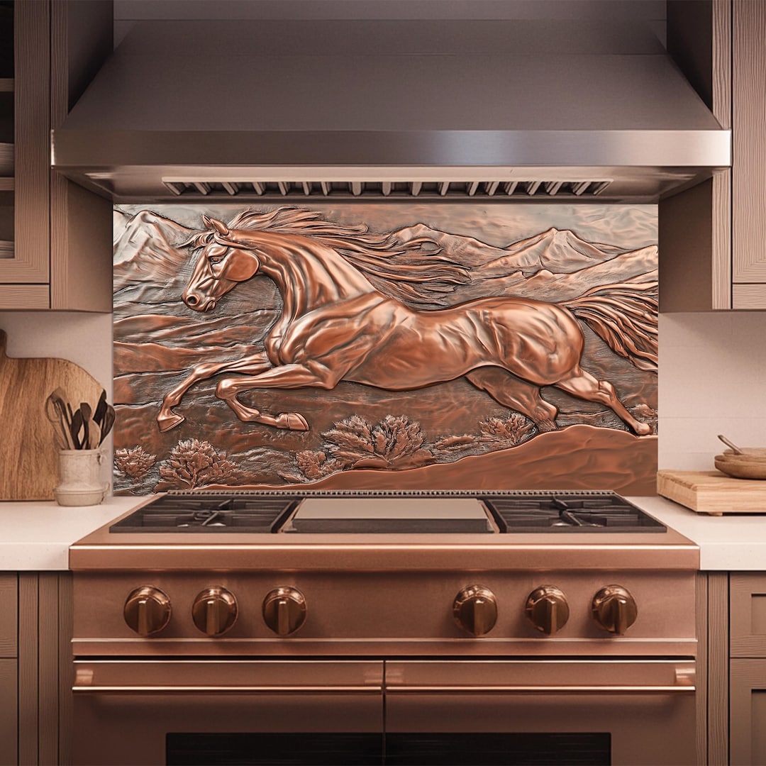 Copper Galloping Horse Glass Backsplash, Tempered Glass Kitchen ...