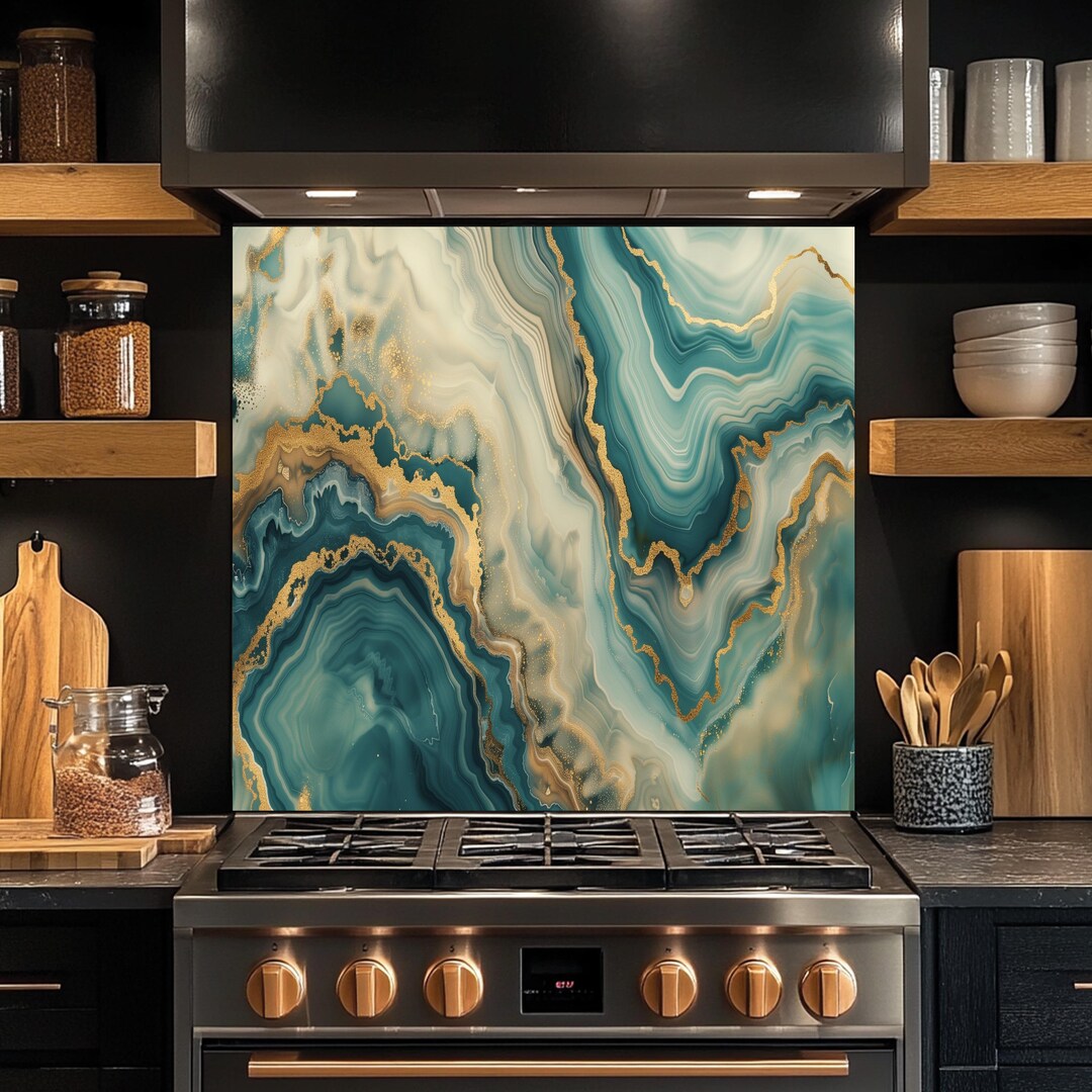 Teal and Gold Marble Glass Backsplash Tile, Tempered Glass Kitchen ...