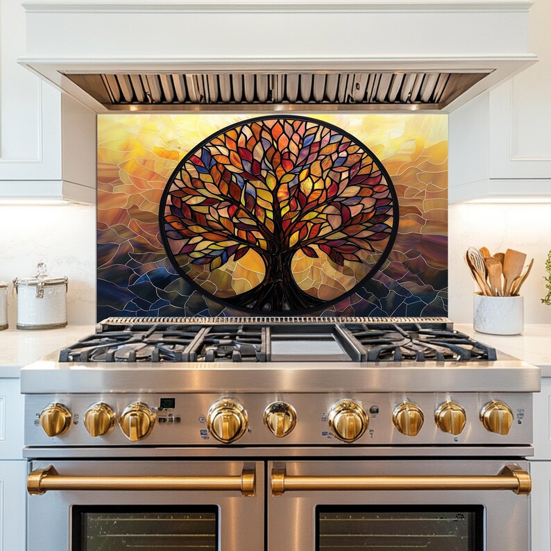 Sunset Tree of Life Glass Backsplash, Tempered Glass Kitchen Backsplash ...