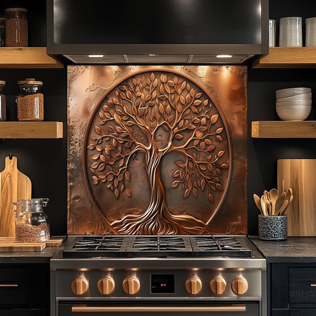 Tree of Life Copper Look Backsplash, Tempered Glass Kitchen Backsplash ...