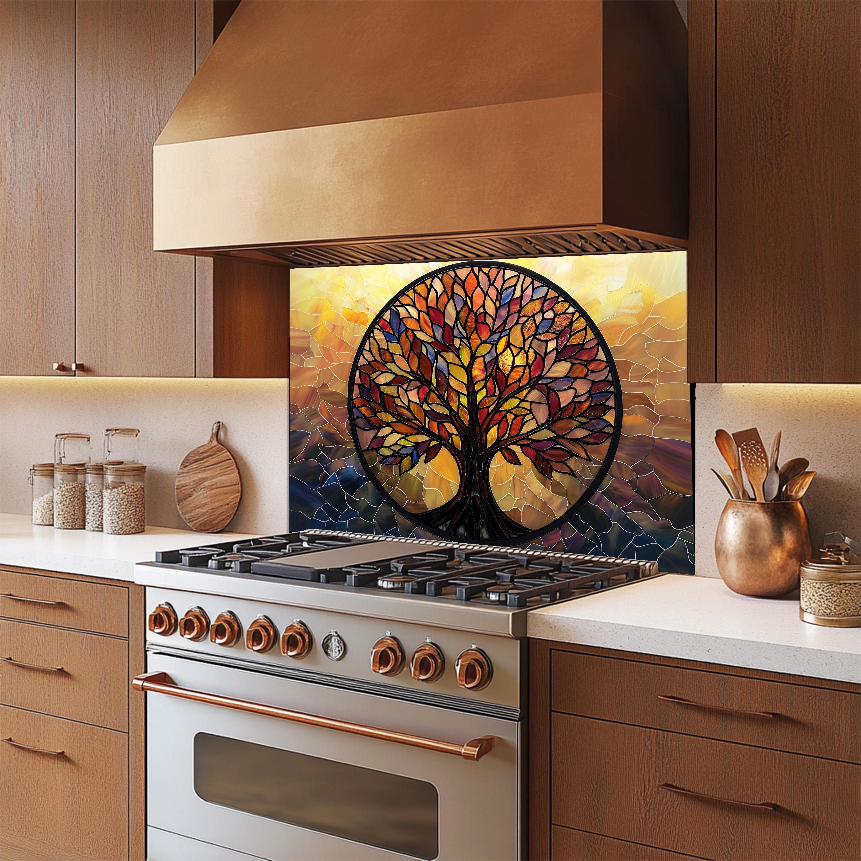 Sunset Tree of Life Glass Backsplash, Tempered Glass Kitchen Backsplash ...