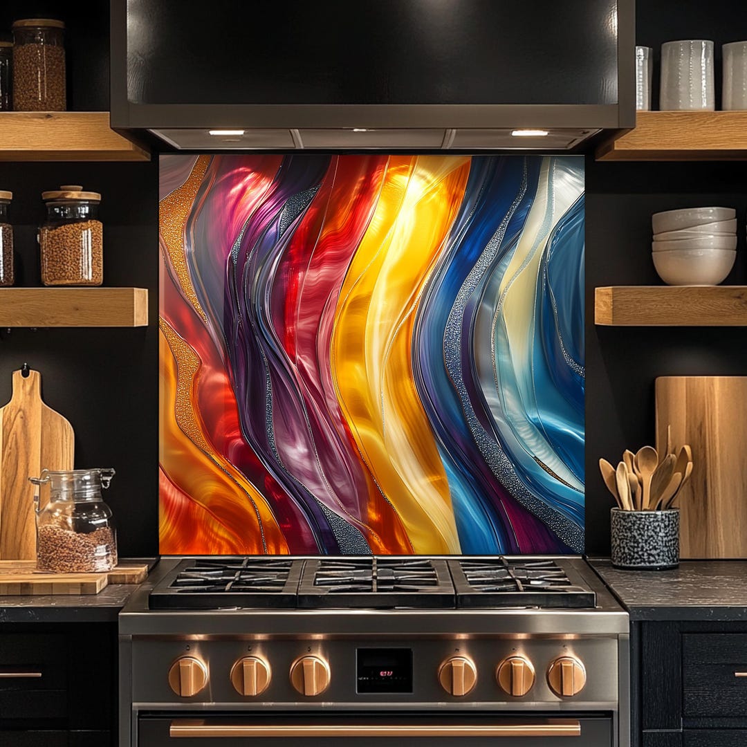 Rainbow Wave Glass Backsplash Tile, Tempered Glass Kitchen Backsplash ...