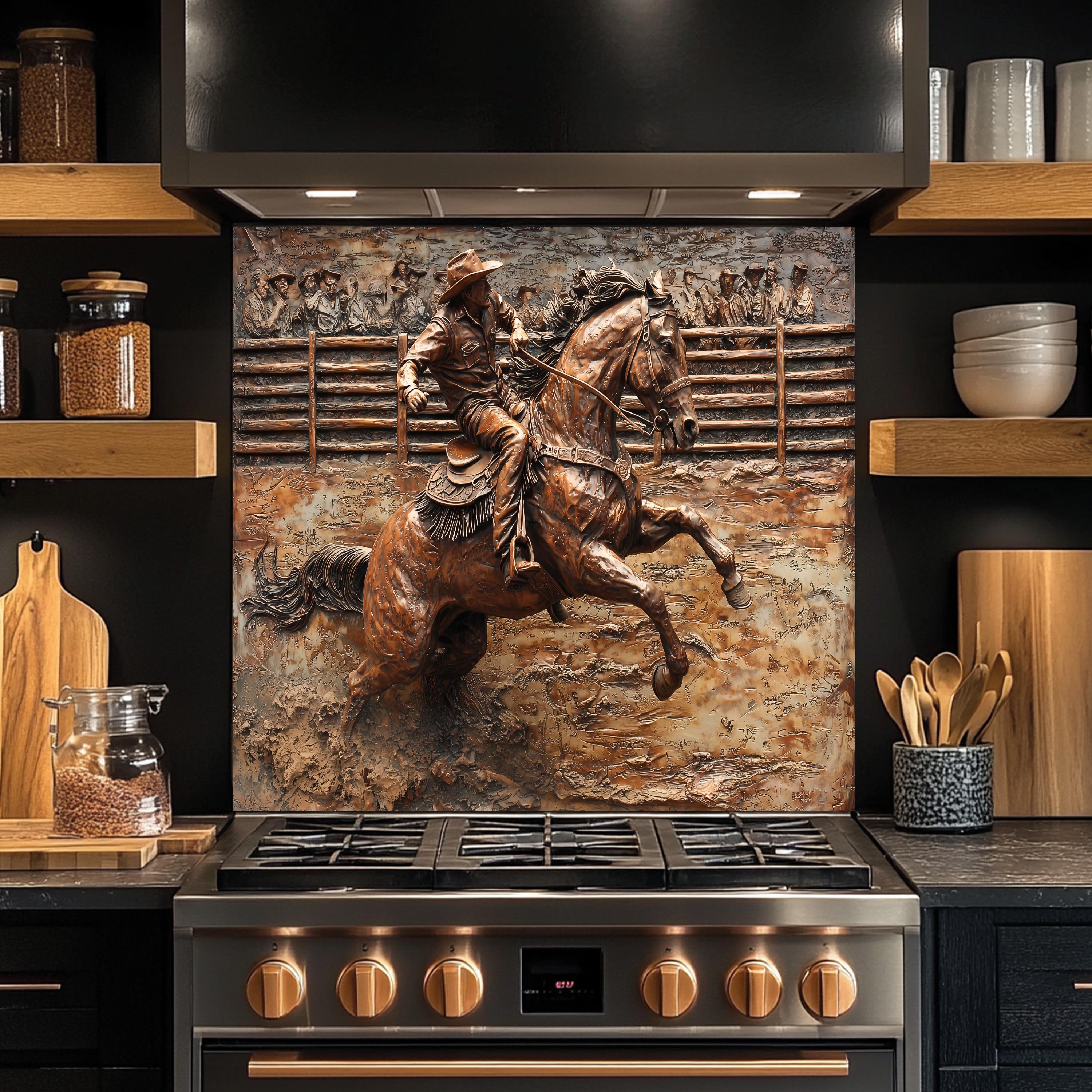 Arena Bronco Rider Glass Backsplash, Tempered Glass Kitchen Backsplash, Western Rustic ...