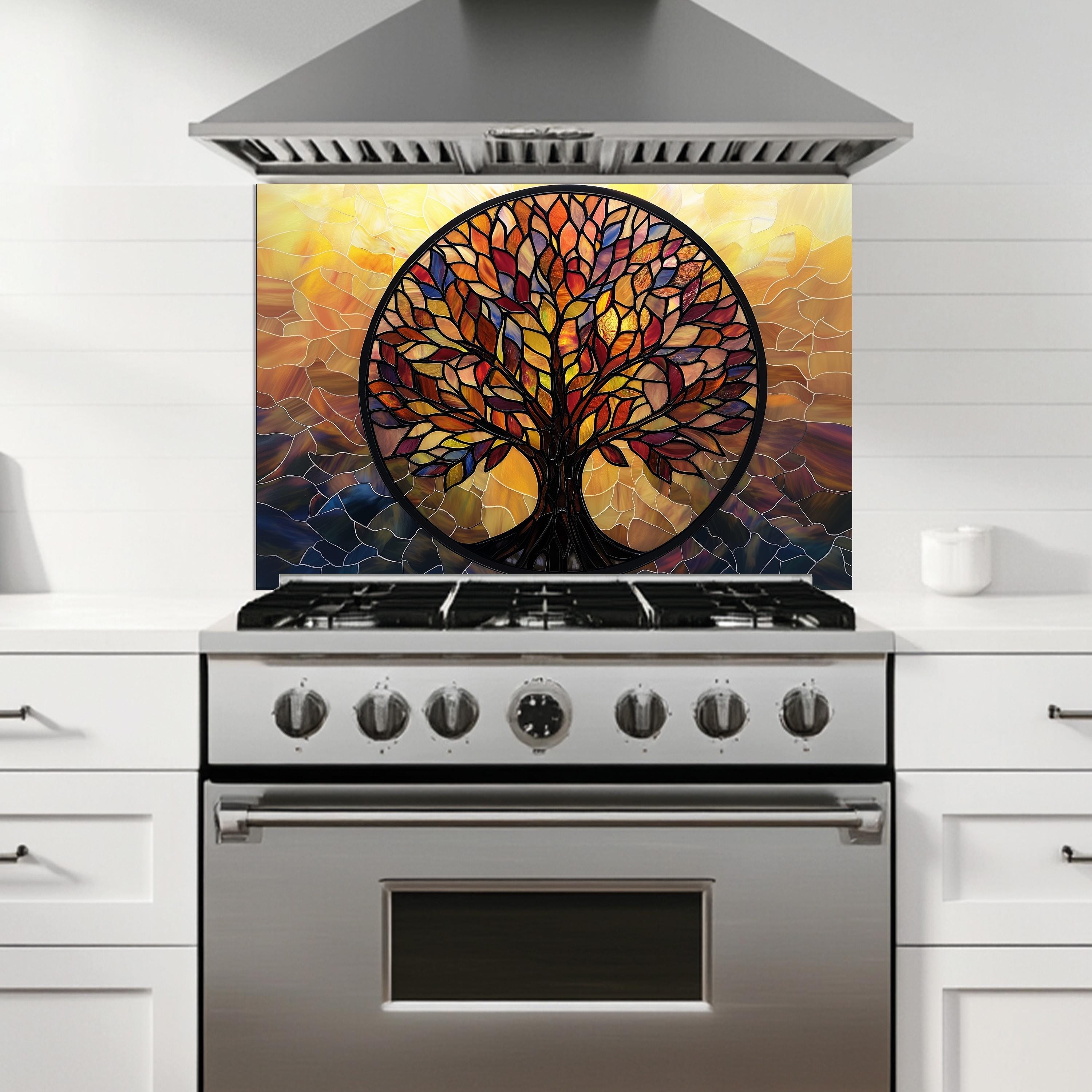 Sunset Tree of Life Glass Backsplash, Tempered Glass Kitchen Backsplash ...