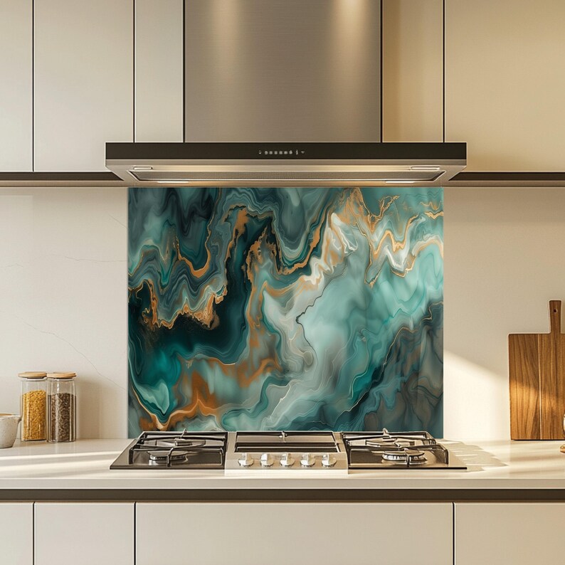 Teal and Gold Marble Glass Backsplash, Tempered Glass Kitchen ...