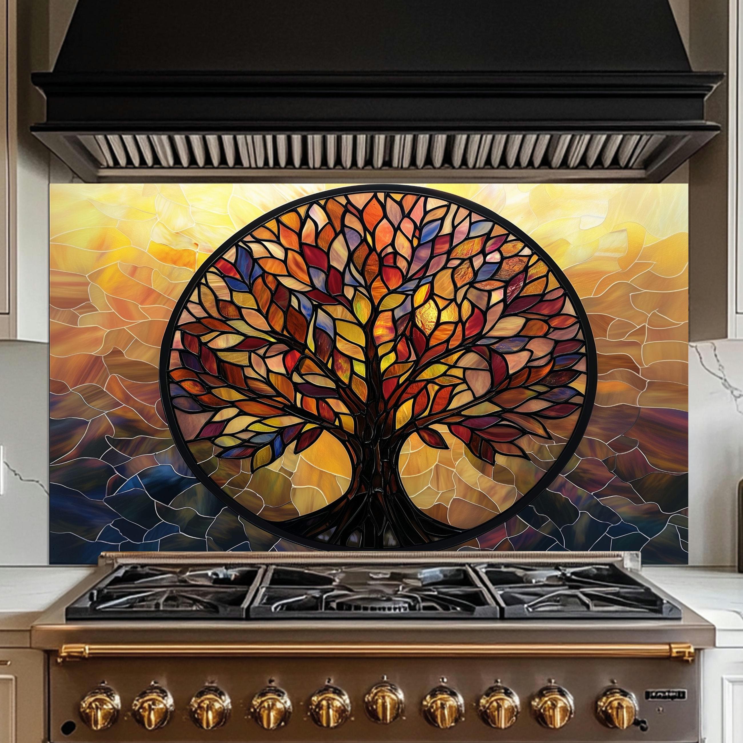 Sunset Tree of Life Glass Backsplash, Tempered Glass Kitchen Backsplash ...