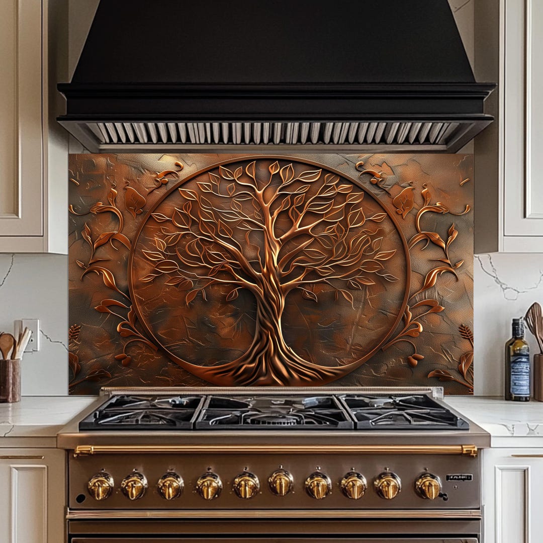 Tree of Life Copper Look Backsplash, Tempered Glass Kitchen Backsplash ...