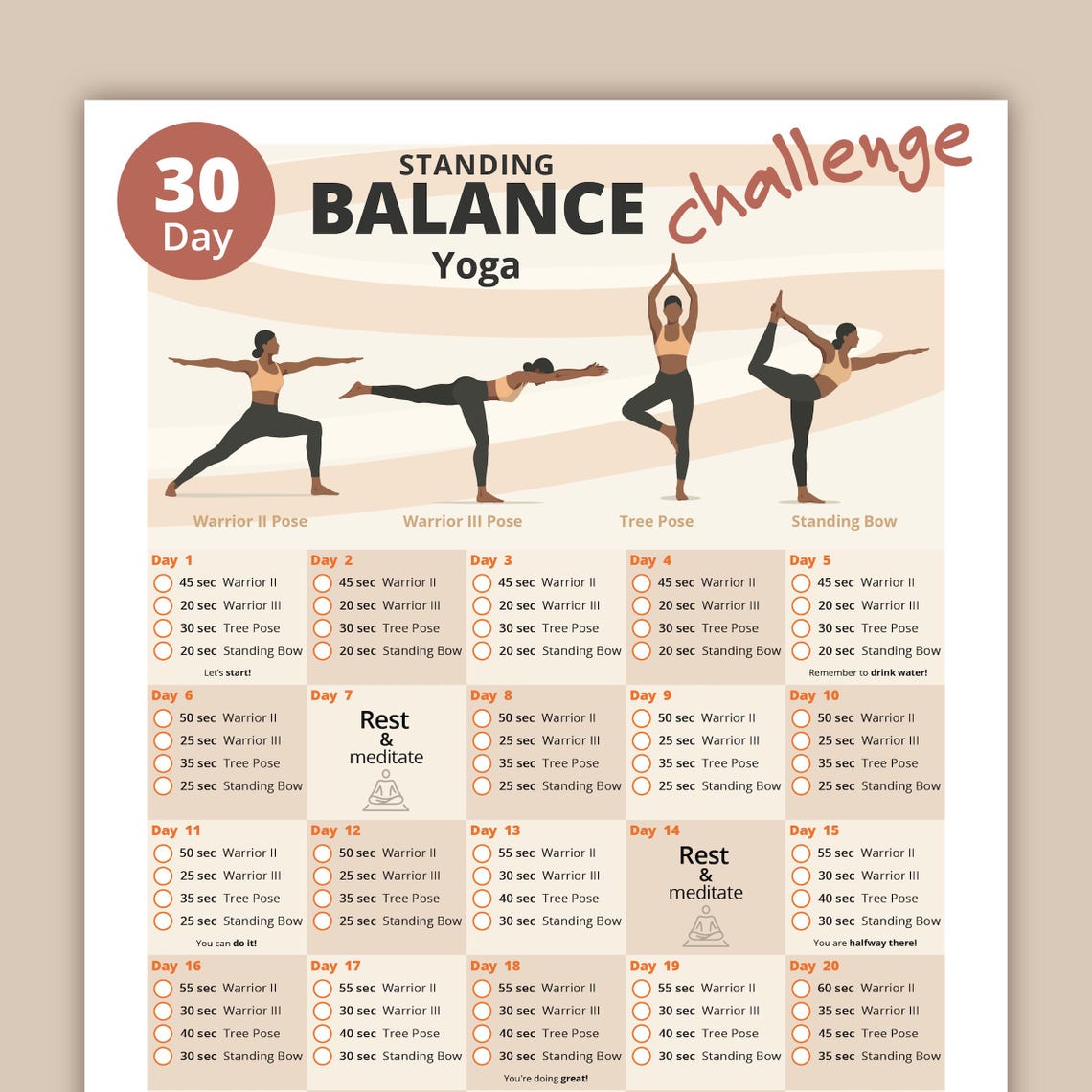 30-day Standing Balance Yoga Challenge: Printable Home Fitness Guide ...