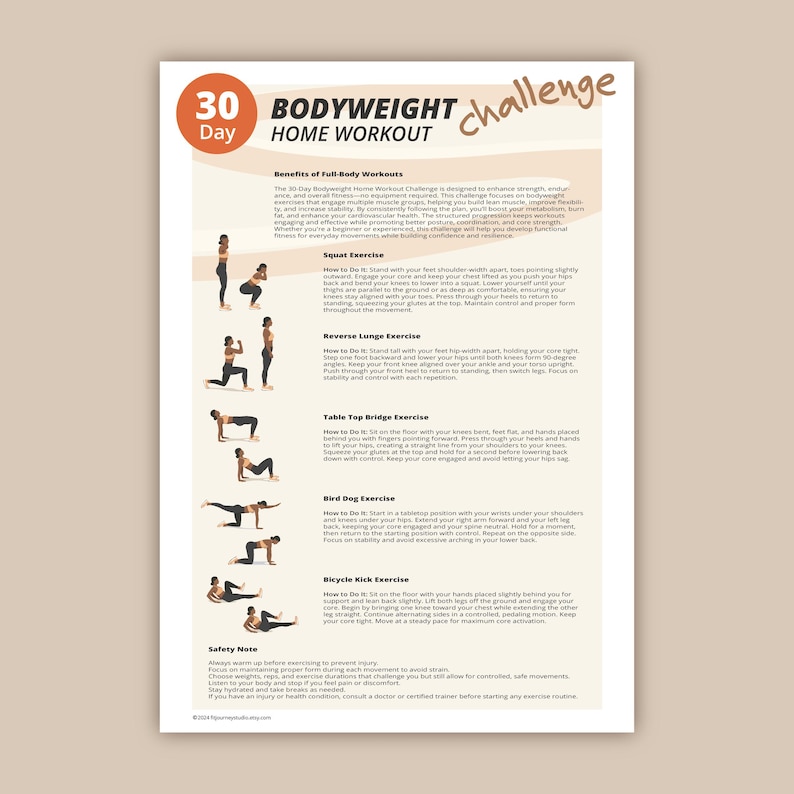 30 Day Bodyweight Full Body Workout Challenge | Printable Home Fitness ...