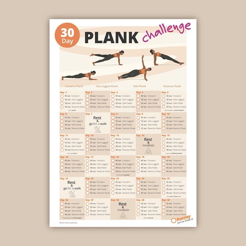 30 Day Plank Challenge | Printable Fitness | Core Workout Plan ...