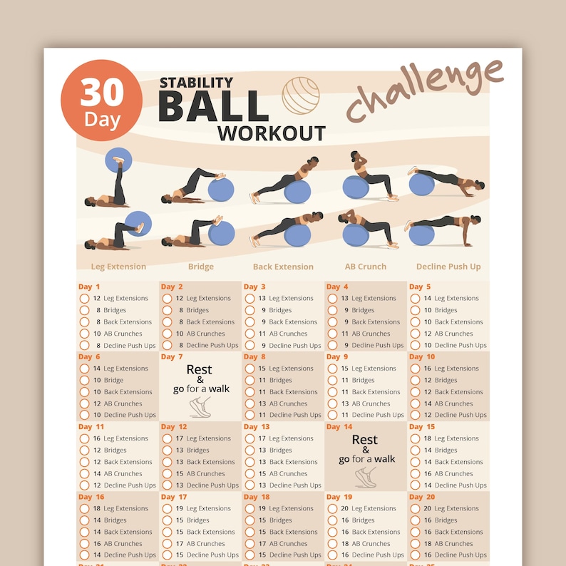 30 Day Stability Ball Full Body Workout Challenge | Printable Home ...