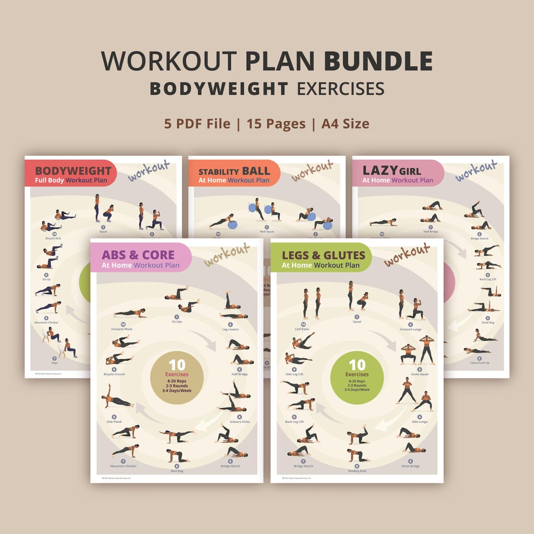 Bodyweight Workout Plan Bundle | 5 Printable Fitness Guides | Home ...