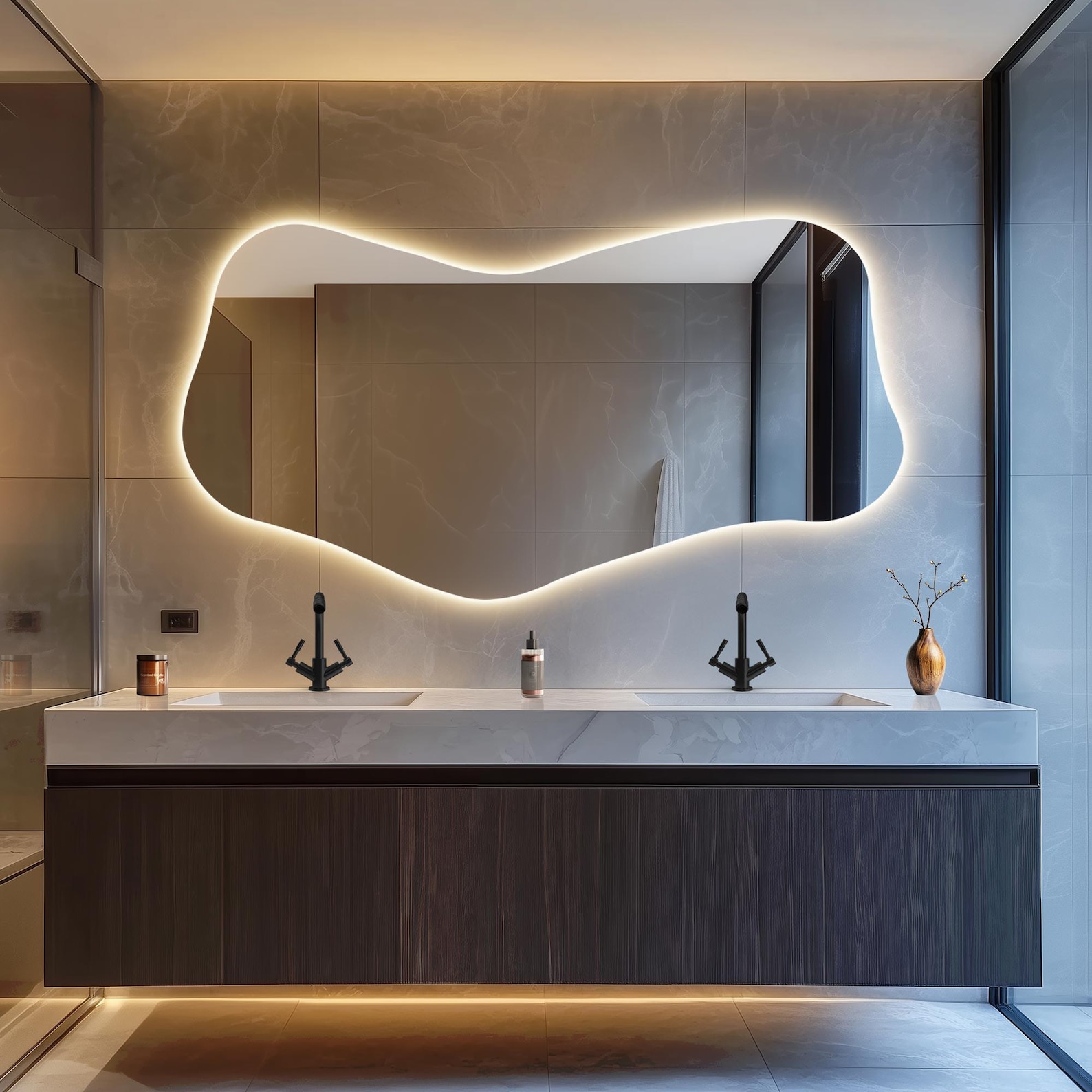 Modern Large LED Bathroom Mirror, Irregular Vanity Mirror With Lights ...