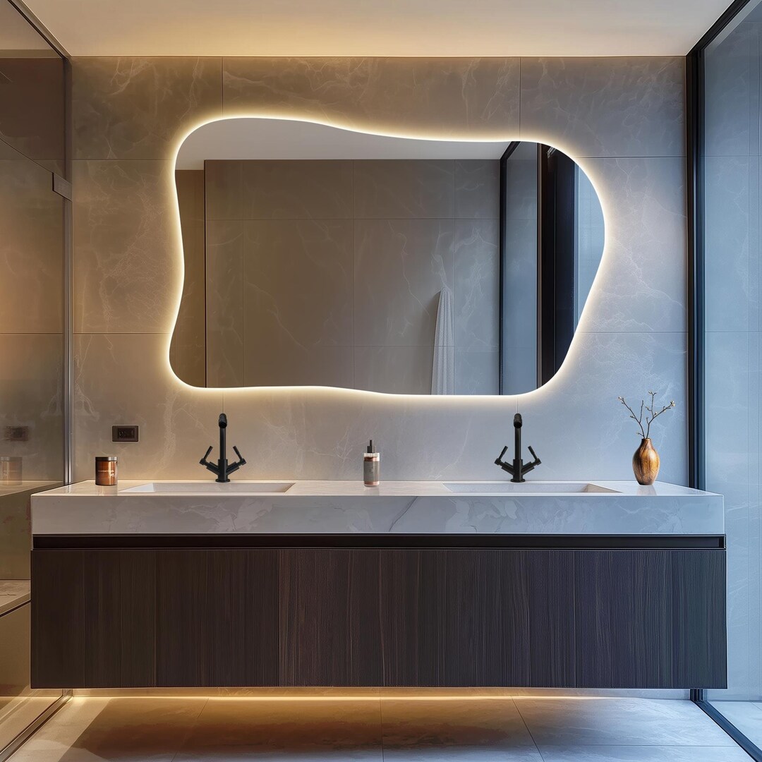Irregular LED Lighted Mirror, Asymmetrical Design Illuminated Bathroom ...