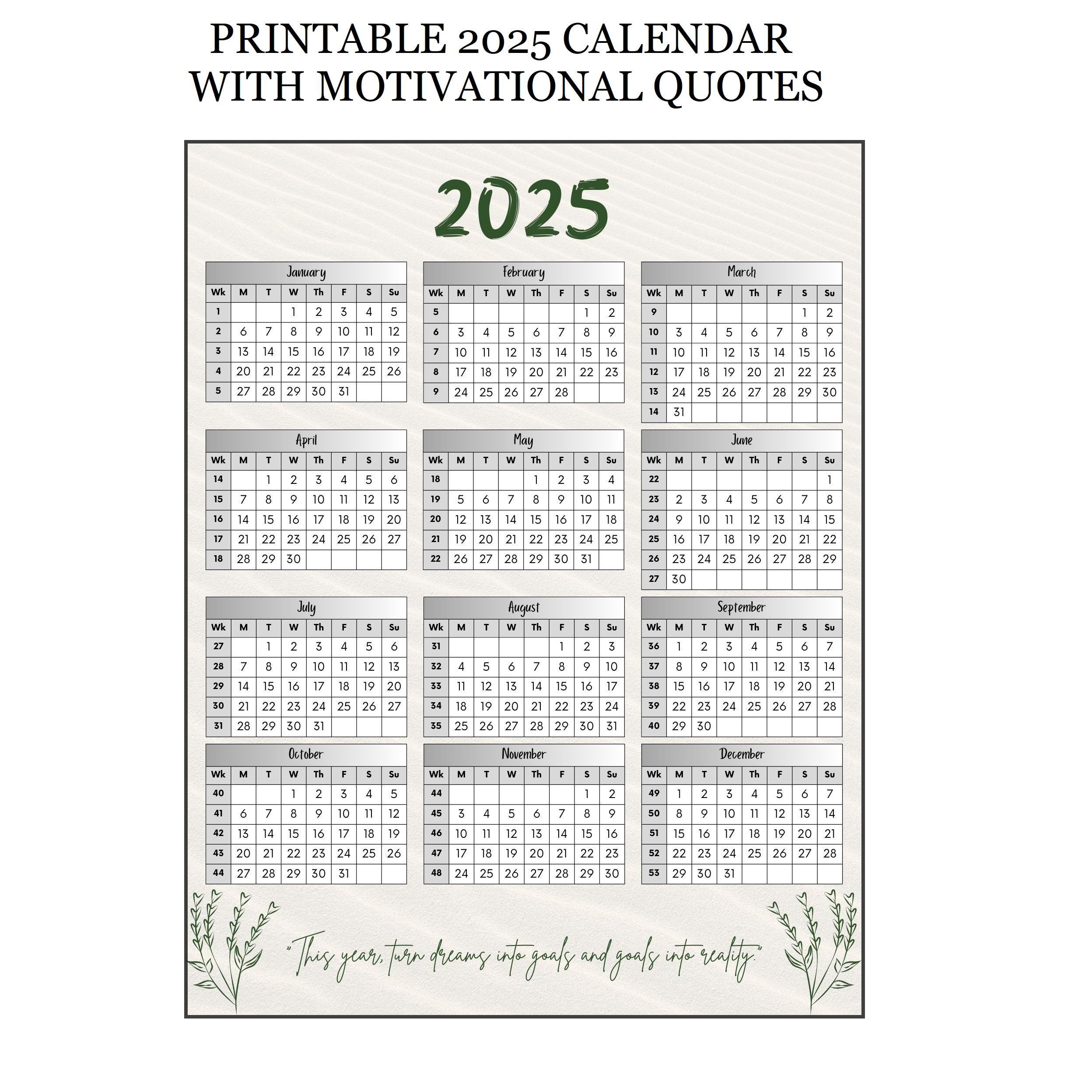 2025 Yearly Calendar With Motivational Quotes Printable PDF - Etsy