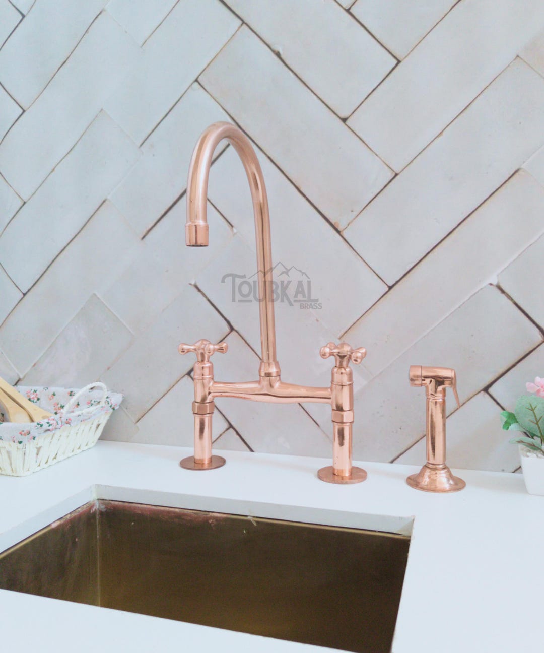 Antique Copper Bridge Faucet, Unlacquered Solid Copper Kitchen Mixer ...