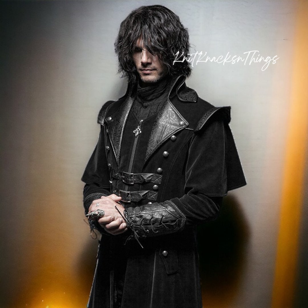 Men Gothic Black Crimp Shoulder Men Long Coat, Gothic Steampunk Long ...