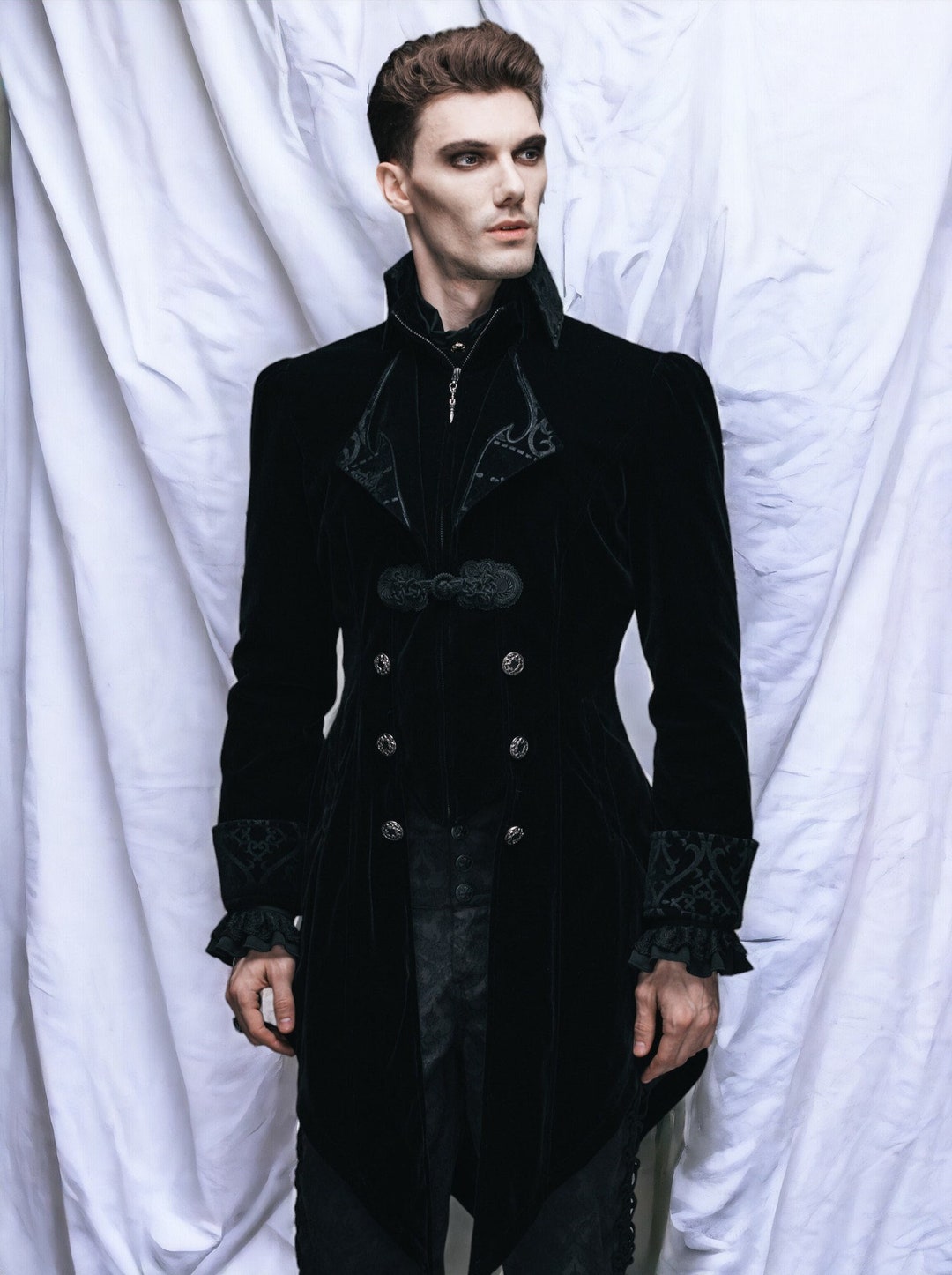 Men Black Gothic Victorian Embroidered Collar Tuxedo, Black Velvet Men ...