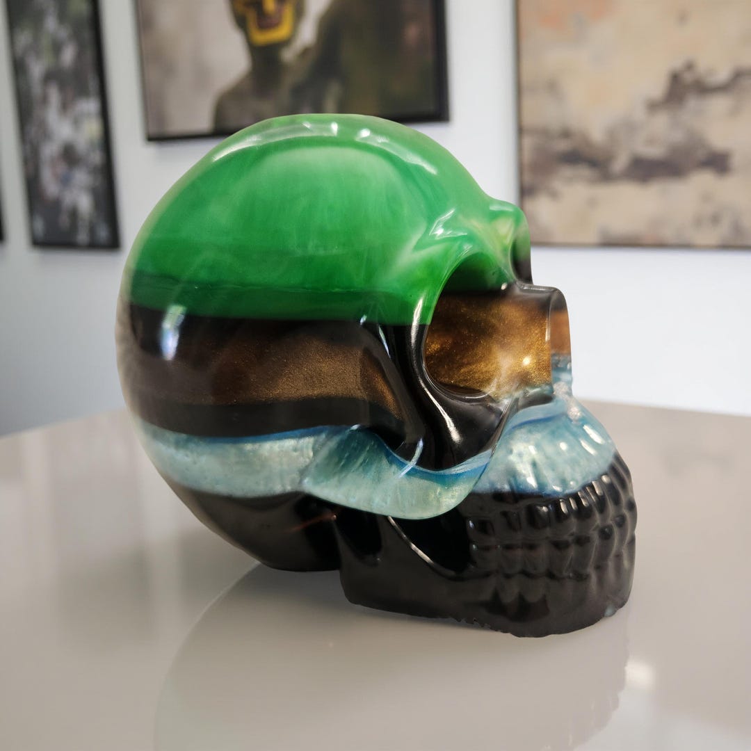 Extra Large Resin Skull Sculpture – Multicolor Layered Green, Copper ...