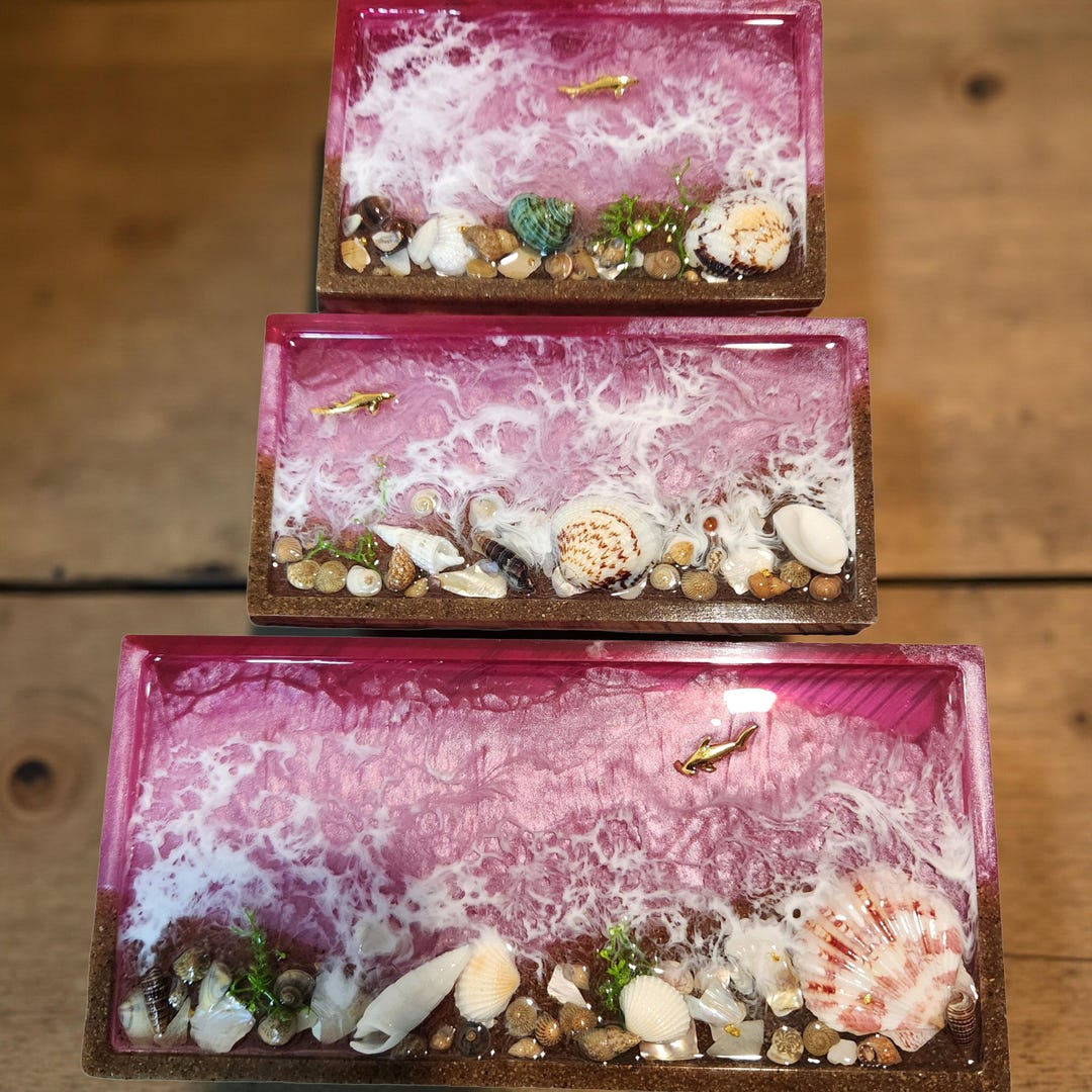 Handmade Resin Beach Tray Set With Real Seashells & Sand | Coastal ...