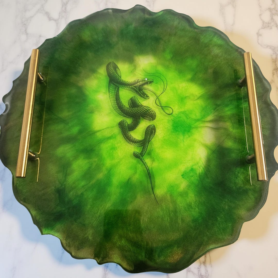 Green Snake Resin Tray With Brass Handles, Handmade Gothic Serving Tray, Dark Academia Decor ...