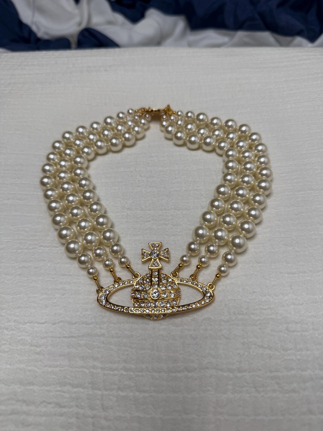 VW Triple Pearl Orb 18k Gold Saturn Necklace Choker Diamond Minimalist ...