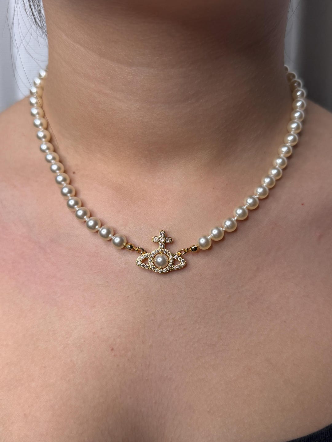 VW Pearl Imbedded Orb 18k Gold Saturn Necklace Choker Diamond ...