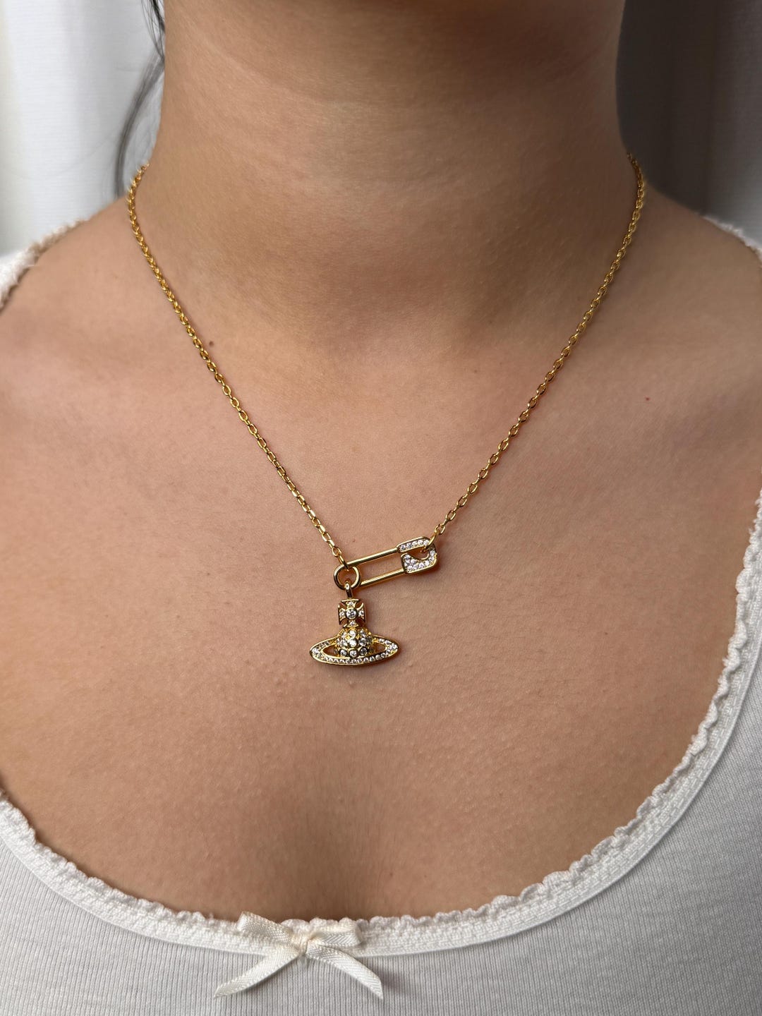 VW Pin Chain Orb 18k Gold Saturn Necklace Choker Diamond Minimalist ...