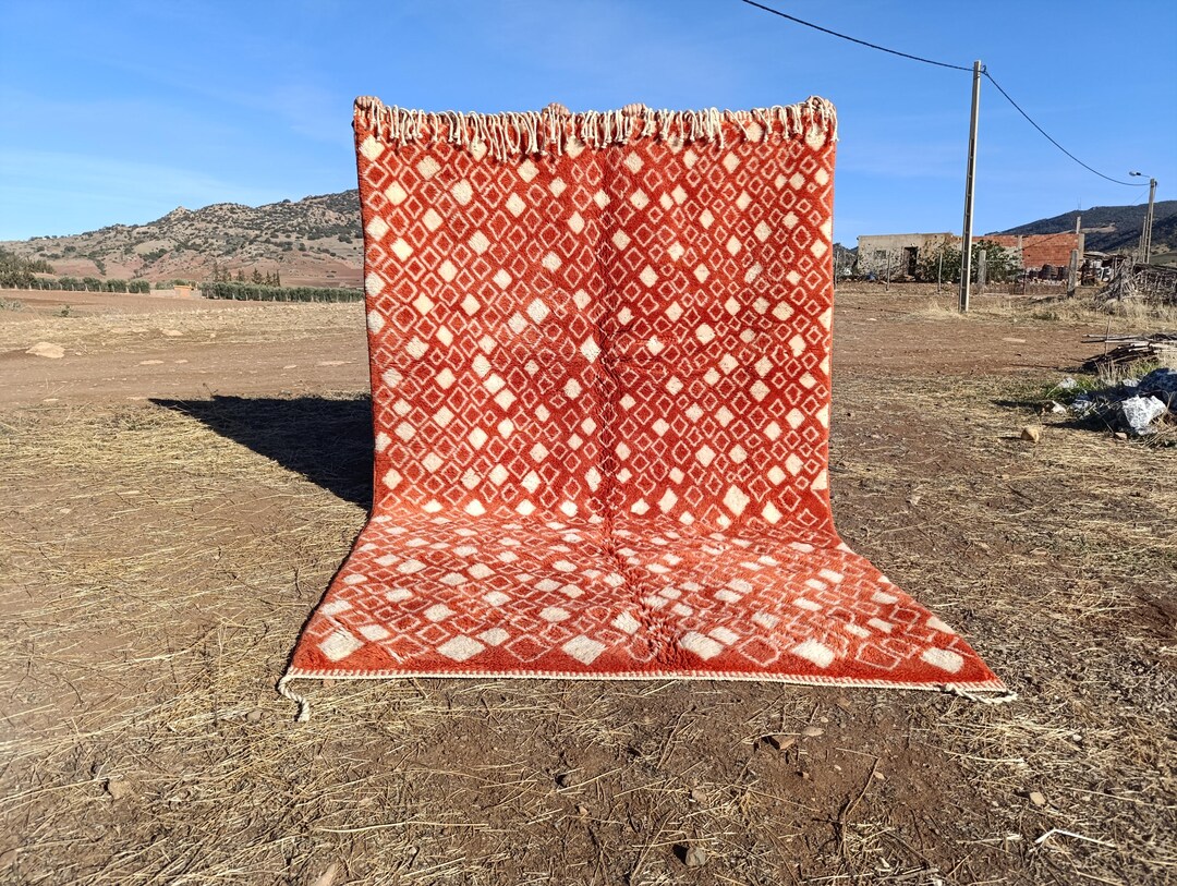 Wool Rug,beni Mrirt Rug,geometric Pattern Rug,red and White Rug,high ...
