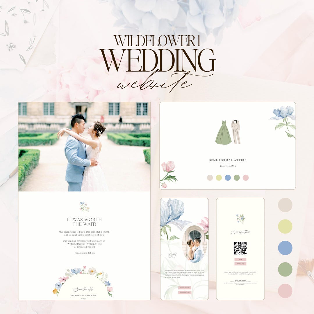 Wedding Website Invitation Template | Wildflower 1 Website | Pink Blue ...