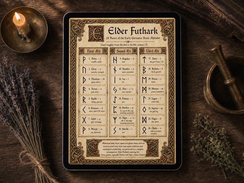 Rune Magic Guide Set, Elder Futhark Rune Chart, Rune Reading Guide ...