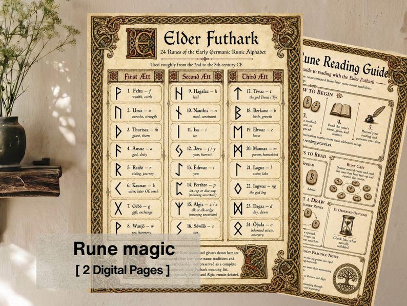 Rune Magic Guide Set, Elder Futhark Rune Chart, Rune Reading Guide ...