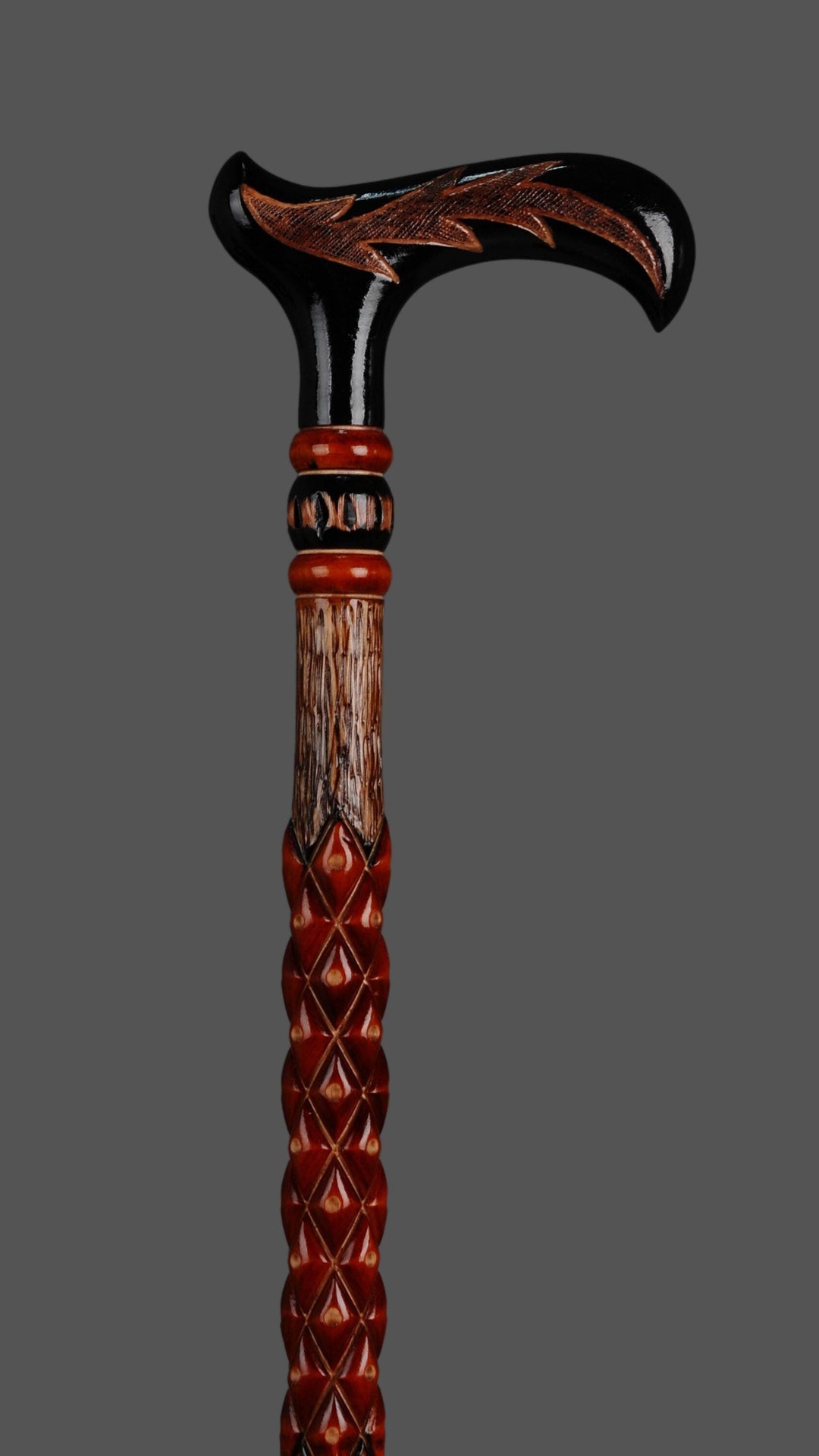 Elegant Cane With Exquisite Leaf and Diamond Pattern – Handmade Walking Stick, Stylish Wooden ...