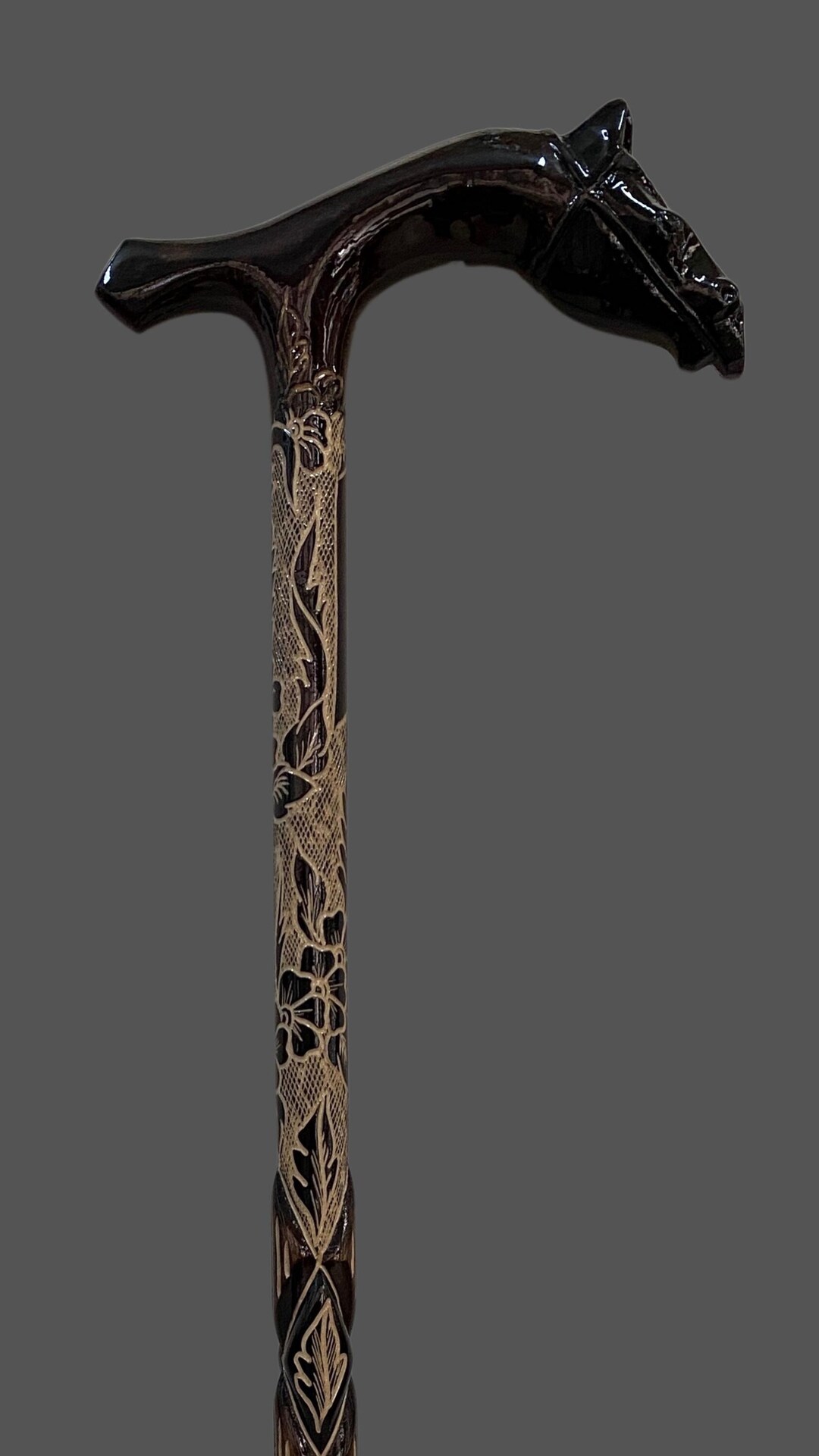 Elegant Hand-carved Horse Head Cane - Unique Floral and Leaf Motifs ...