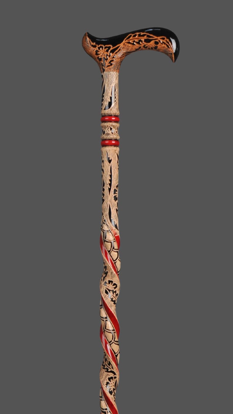 Crimsonflame Cane – Red Spiral Carved Walking Stick, Handmade Wood Cane ...