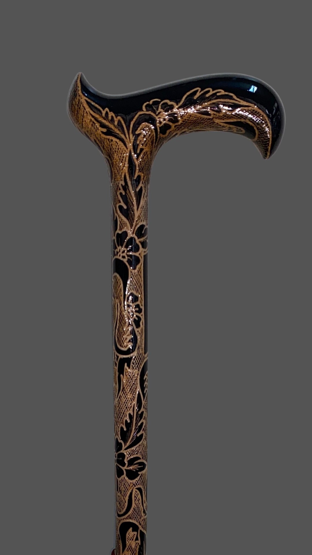 Hand carved Wooden Walking Cane Black Gold Floral Walking Stick Hand carved Wooden Walking Cane Black Gold Floral Walking Stick