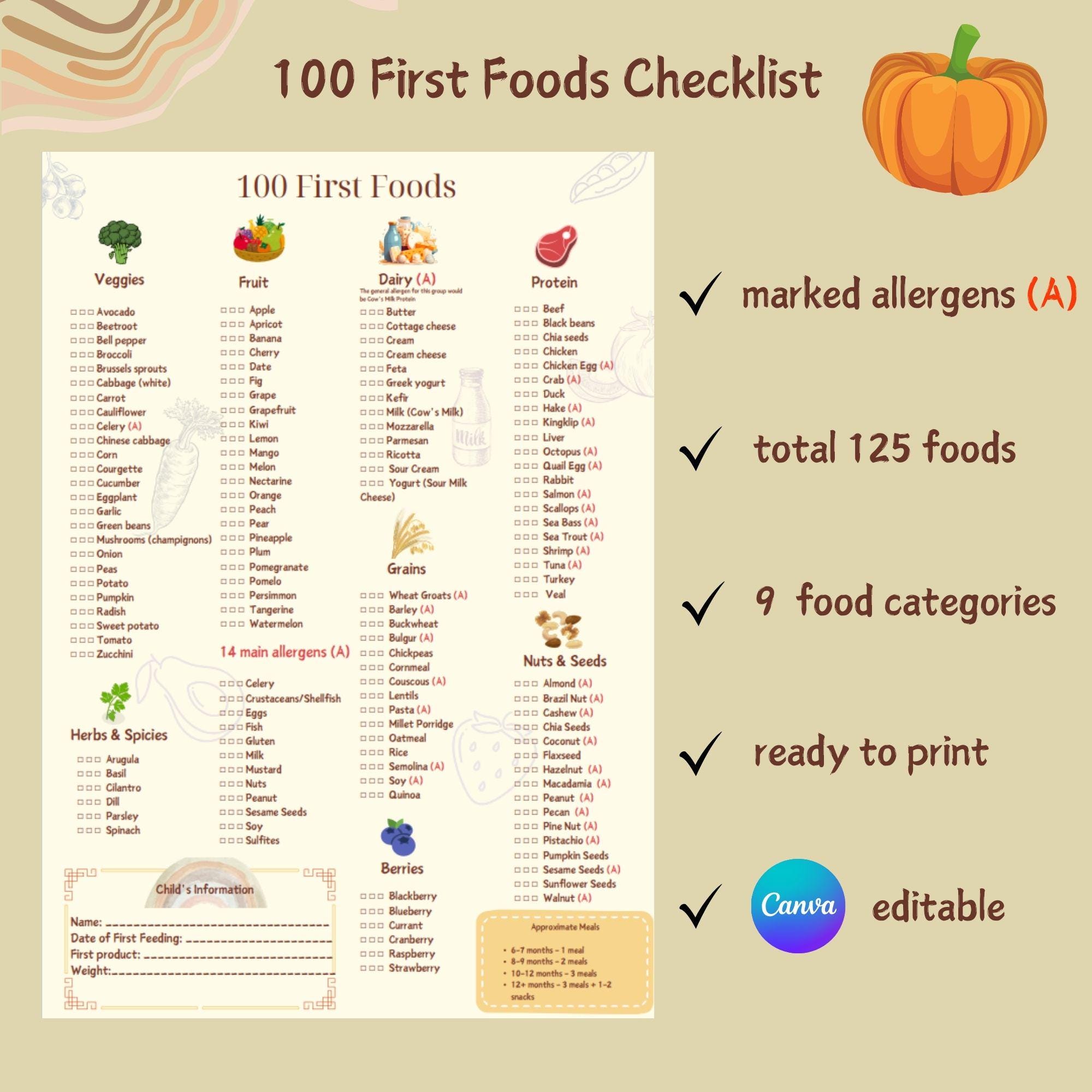 100 First Foods Weaning Planner Baby Food Printable Tracker Weaning ...