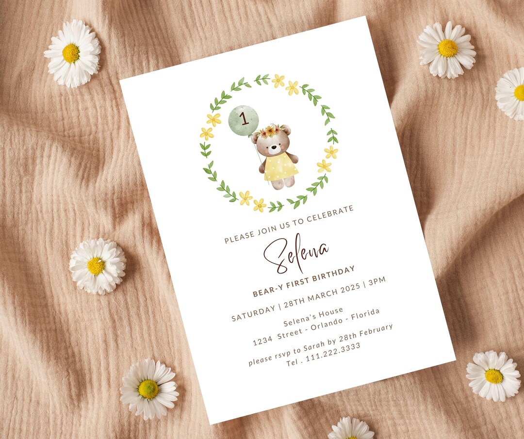 Editable Bear Party Invitation Template | Customizable 1st Birthday ...