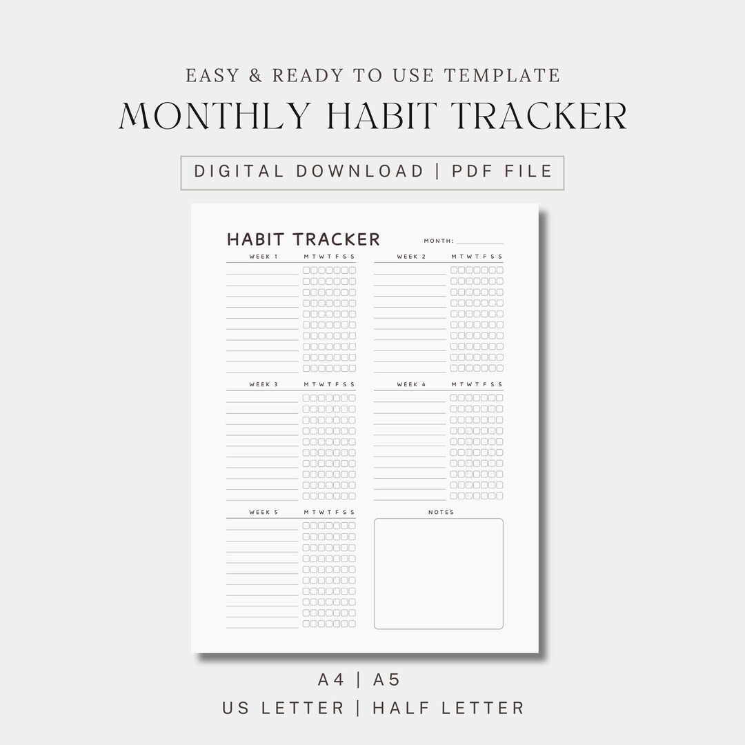 Monthly Habit Tracker Printable | A4 A5 Letter Half Size PDF - Etsy