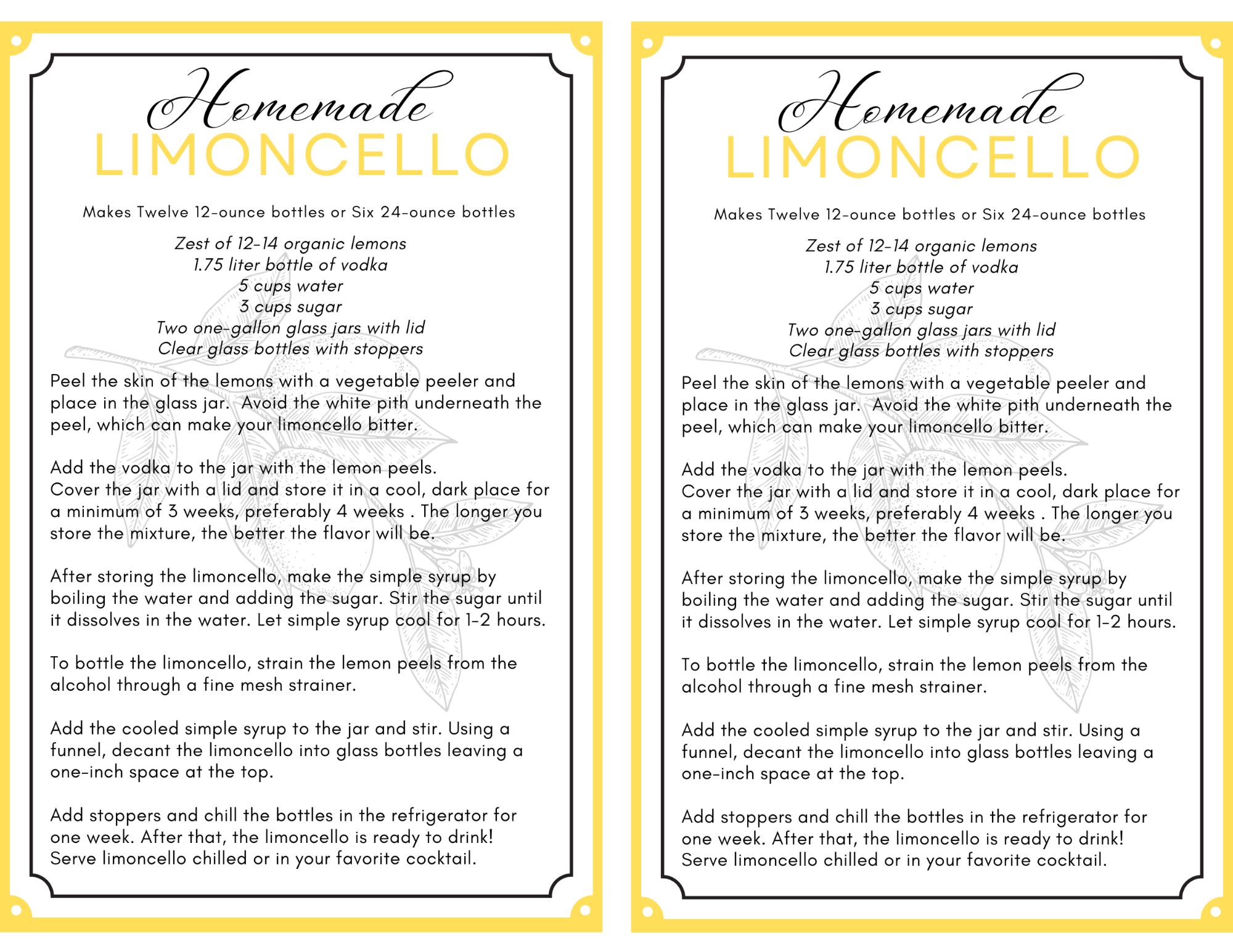 DIGITAL DOWNLOAD PRINTABLE Limoncello Recipe Card: Homemade Liqueur ...