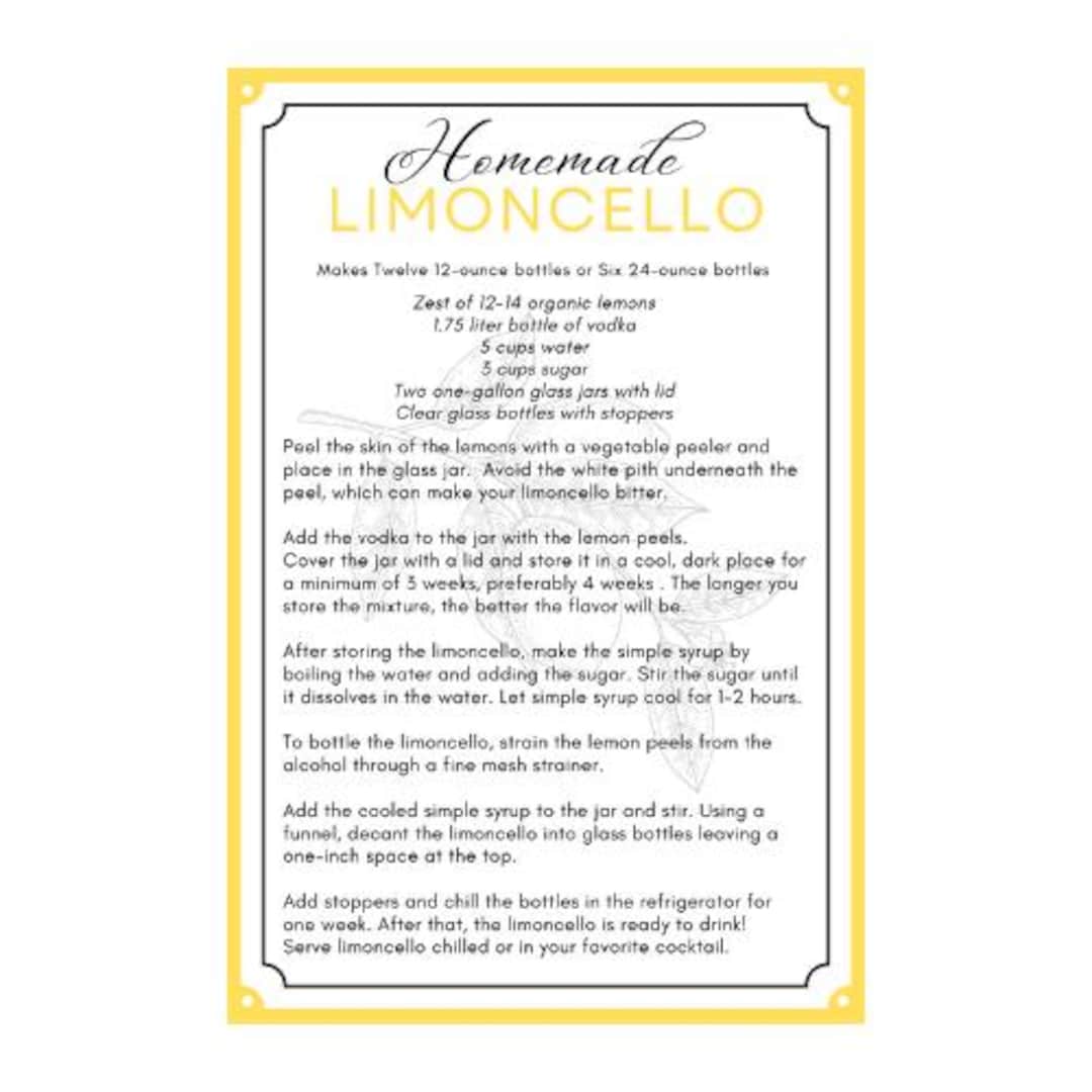 DIGITAL DOWNLOAD PRINTABLE Limoncello Recipe Card: Homemade Liqueur ...