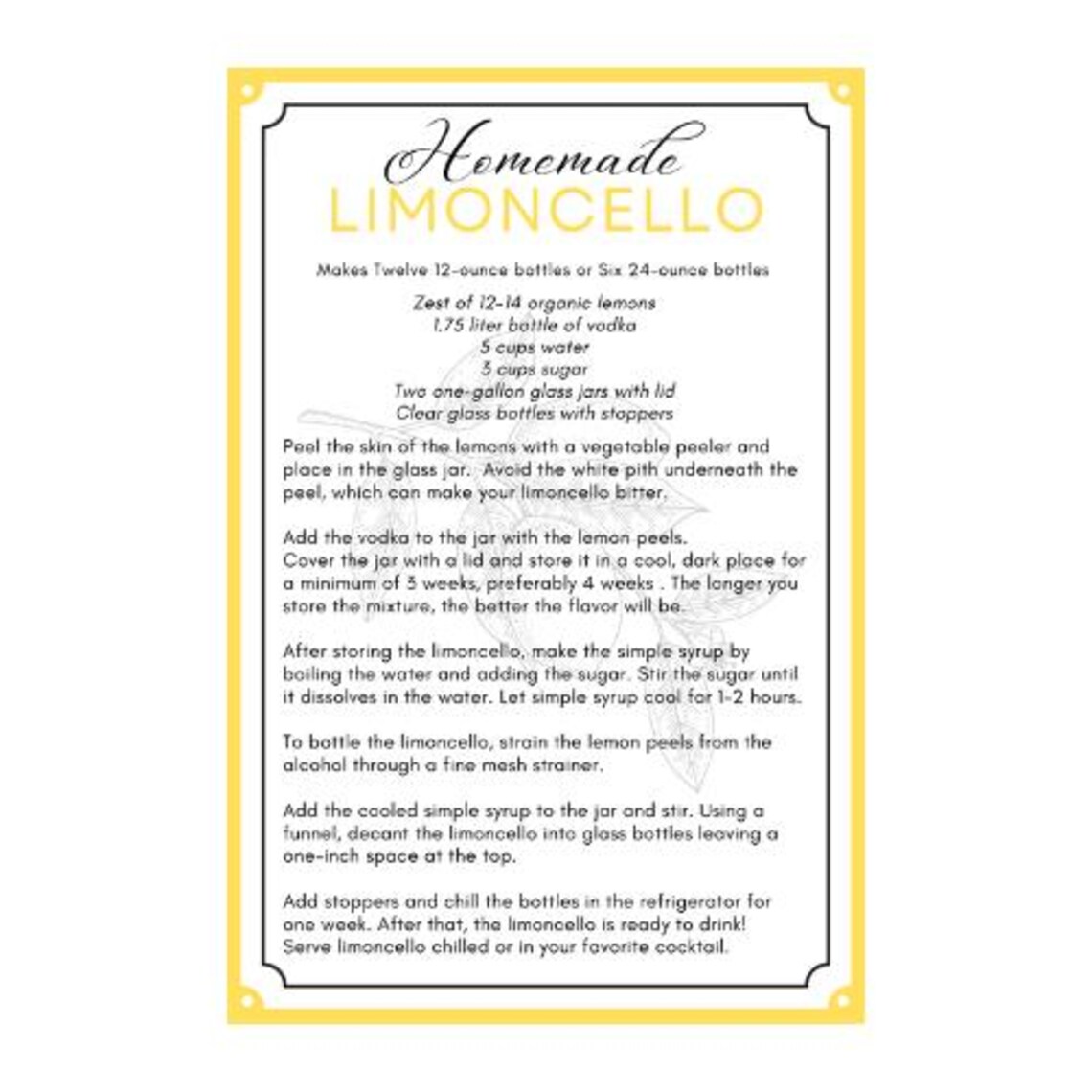 DIGITAL DOWNLOAD PRINTABLE Limoncello Recipe Card: Homemade Liqueur ...