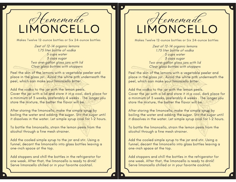 DIGITAL DOWNLOAD PRINTABLE Limoncello Recipe Card: Homemade Liqueur ...