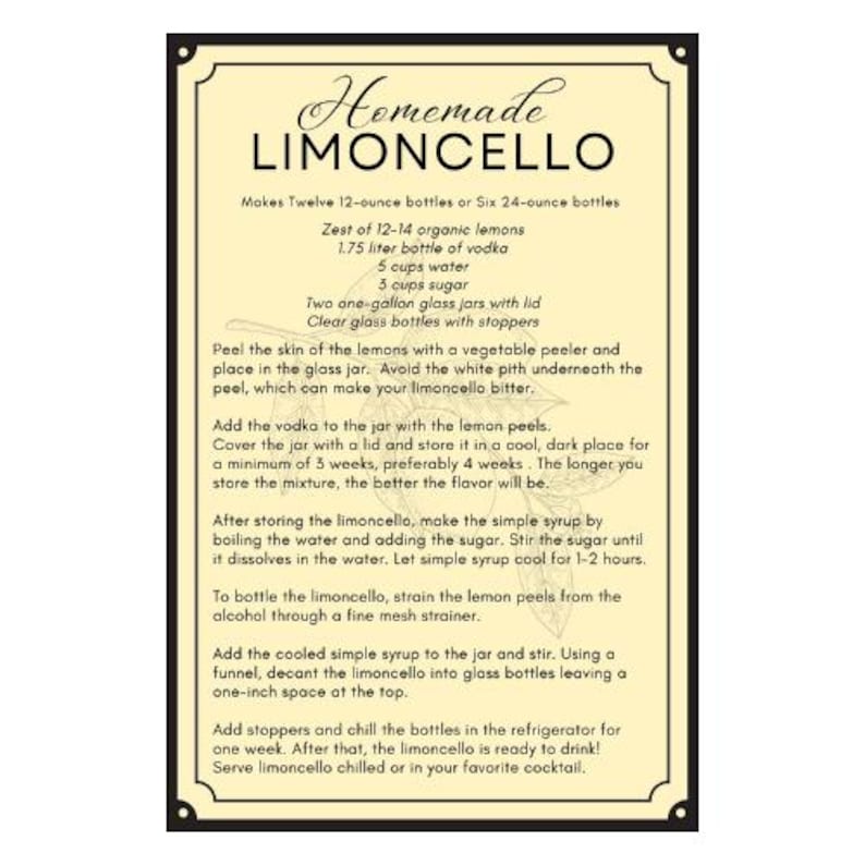DIGITAL DOWNLOAD PRINTABLE Limoncello Recipe Card: Homemade Liqueur ...