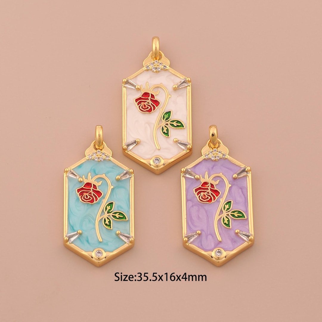 18K Gold Red Rose Charms,cz Pave Flower Charms Pendants,enamel Rhombus ...